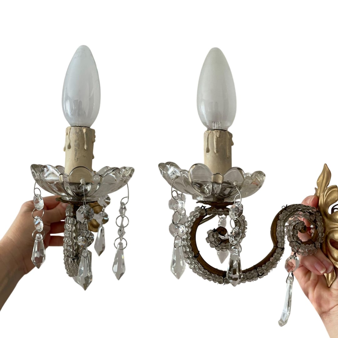 Antique Italian Pair of Crystal Sconces , Crystal Wall Light Sconces Clear Crystal Drops Sconces ...
