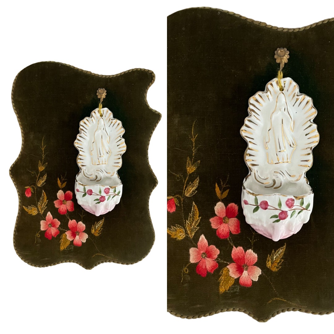 Antique Victorian Velvet Plaque With Holy Water Font , Porcelain ...
