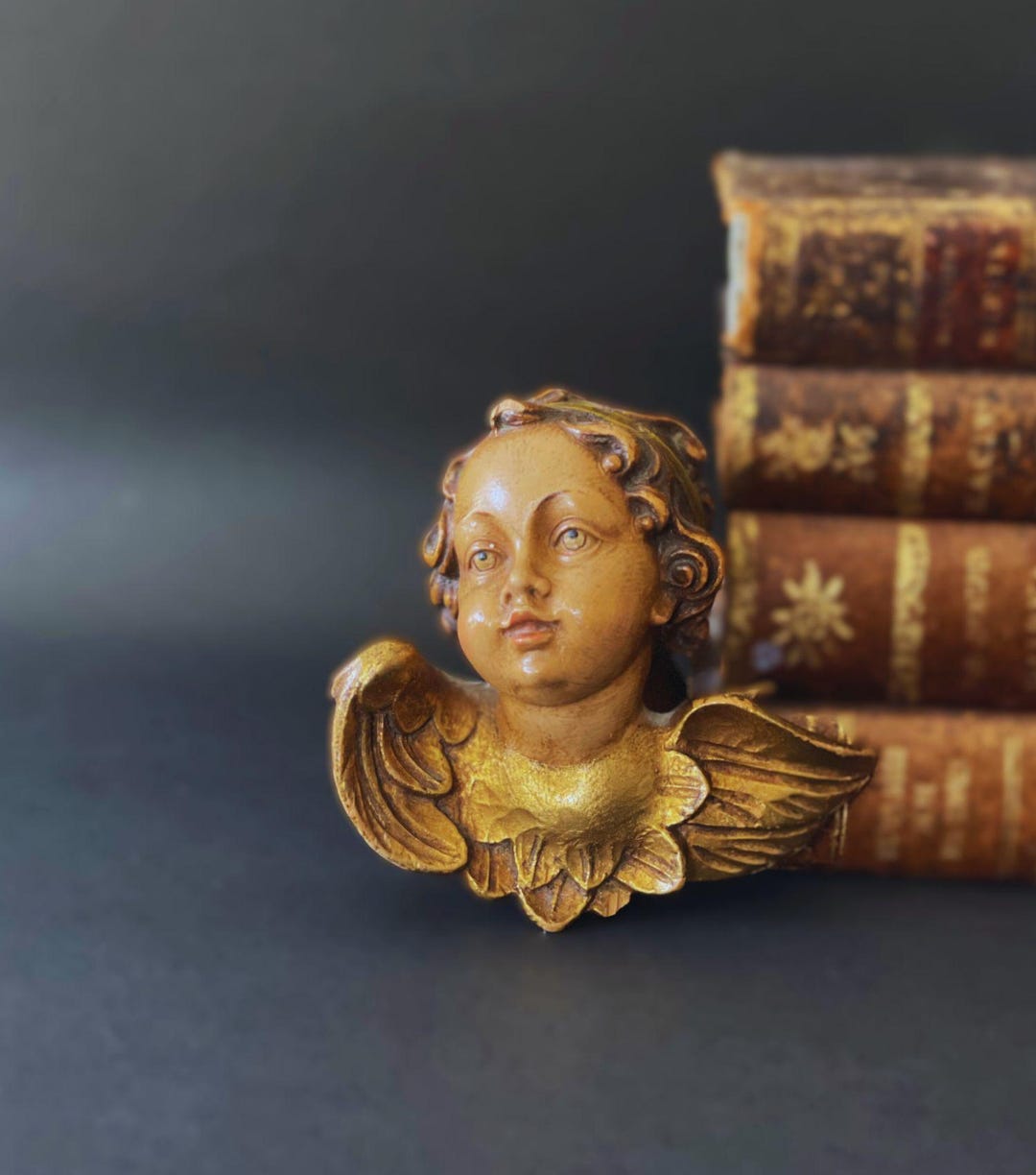 Vintage Florentine Angel Head With Gold Wings Sculpture , Italian ...