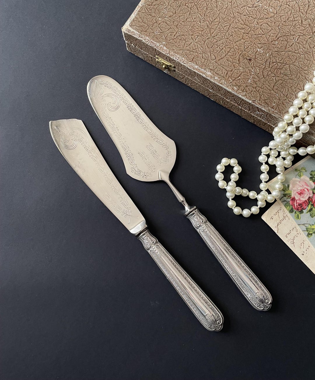 Antique Silver Cake Server and Cake Knife Set Boxed , Art Nouveau Style ...