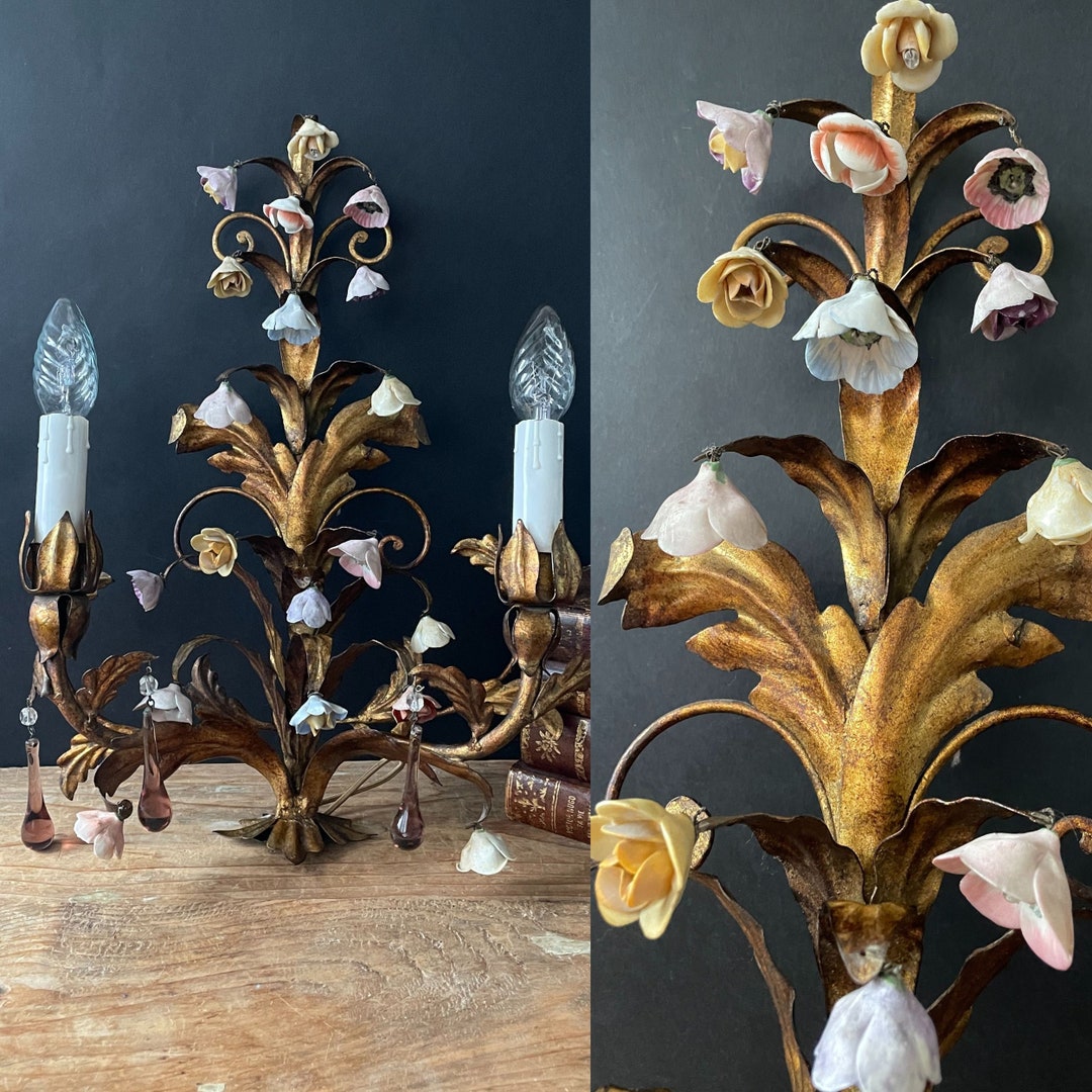 Vintage Florentine Wall Sconce 2 Lights , Italian Tole Gold Wall Sconce ...