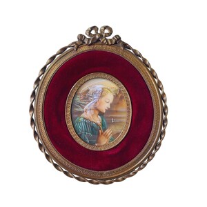 Antique Italian Brass Ornate Oval Frame Madonna , Brass and Red Velvet ...
