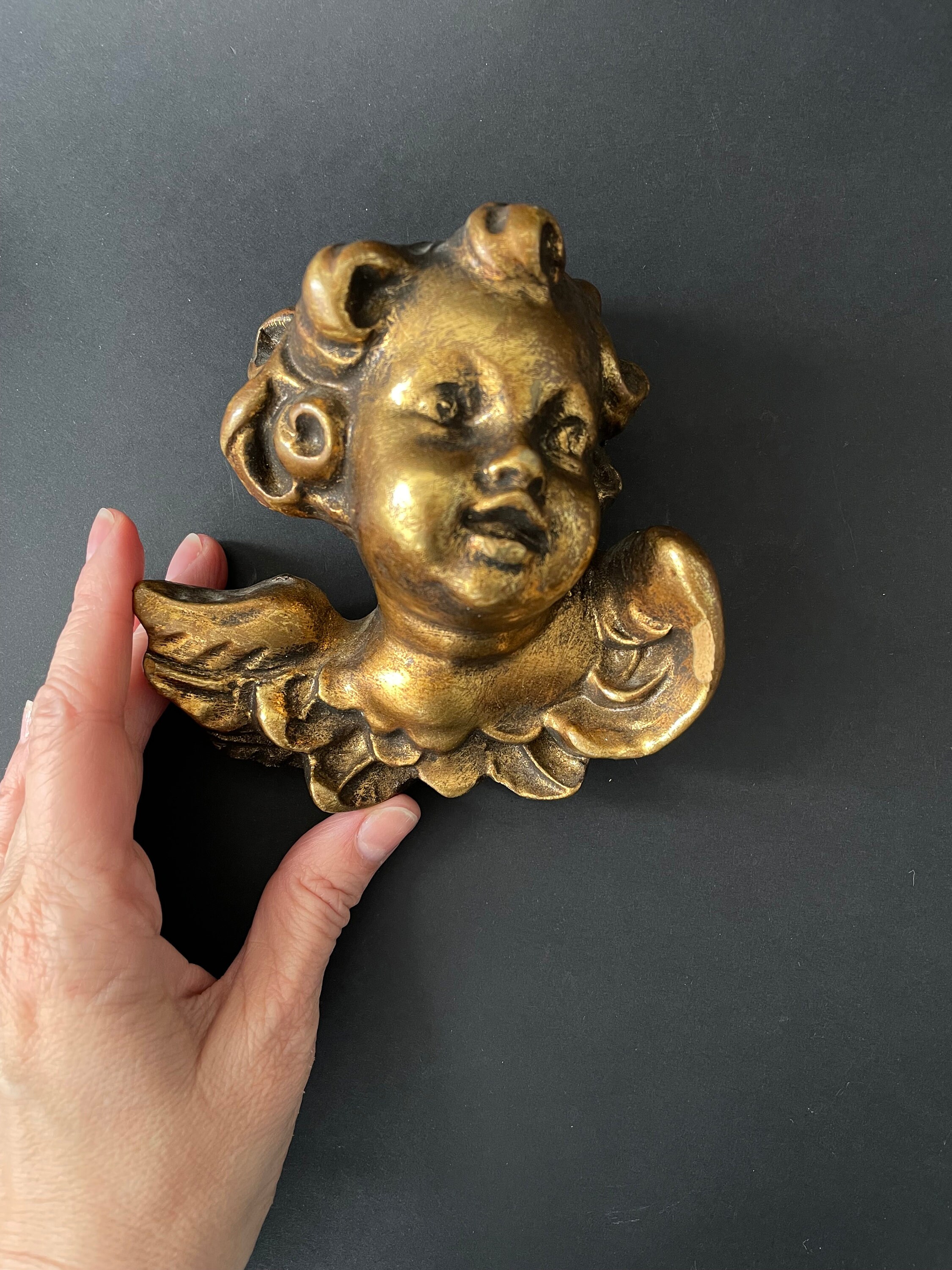 Vintage Italian Hand Carved Gold Wood Cherub Head , Golden Wood Cherub ...