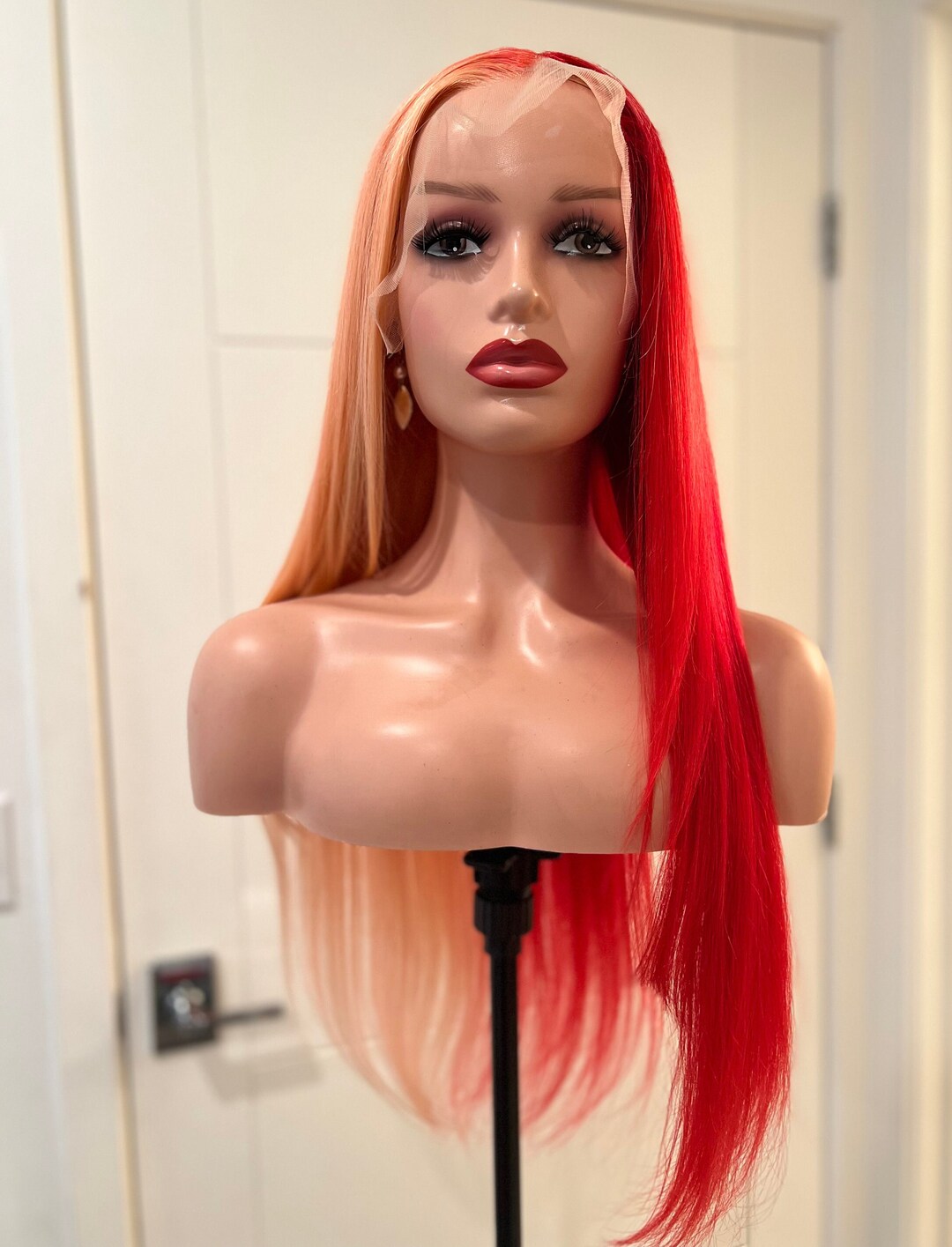 26 Pink and Red Split Frontal Human Hair Wig , Long Drag Wig , Cosplay ...