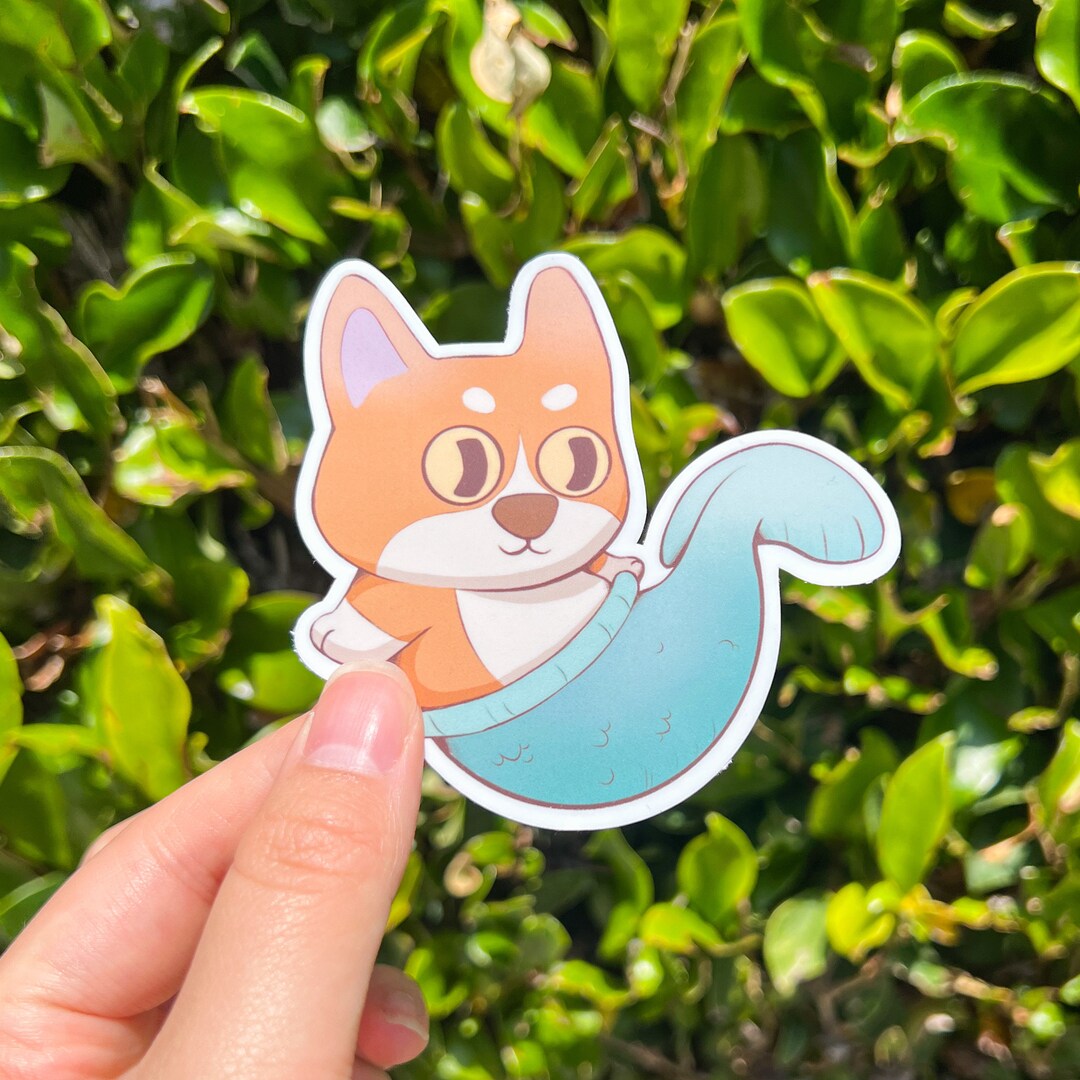 Corgi Mermaid Sticker Teal, Derpy Dog Fish Glossy Vinyl, Silly Cute ...