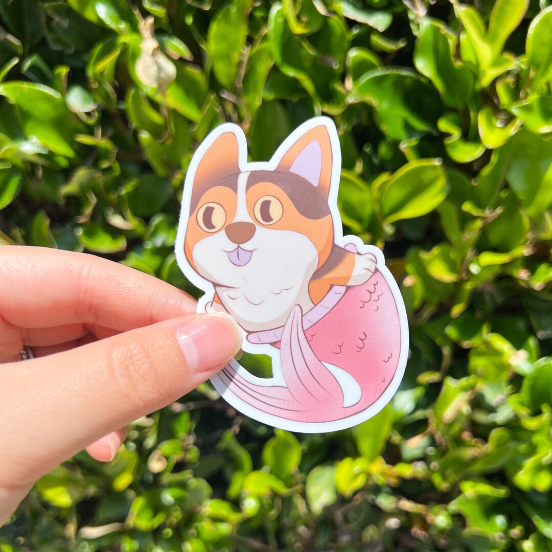 Corgi Mermaid Sticker Pink, Derpy Dog Fish Glossy Vinyl, Silly Cute ...