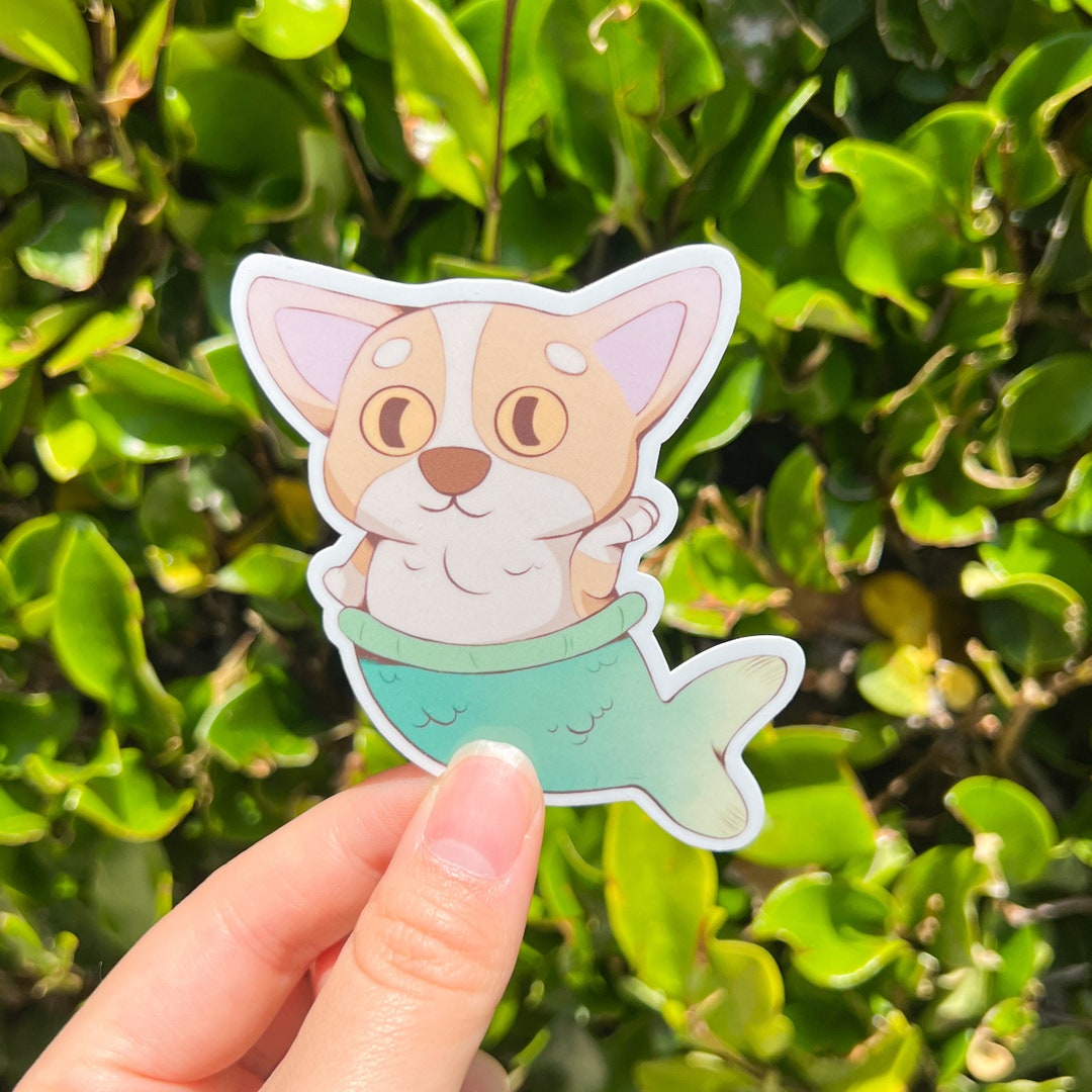 Corgi Mermaid Sticker Green, Derpy Dog Fish Glossy Vinyl, Silly Cute ...