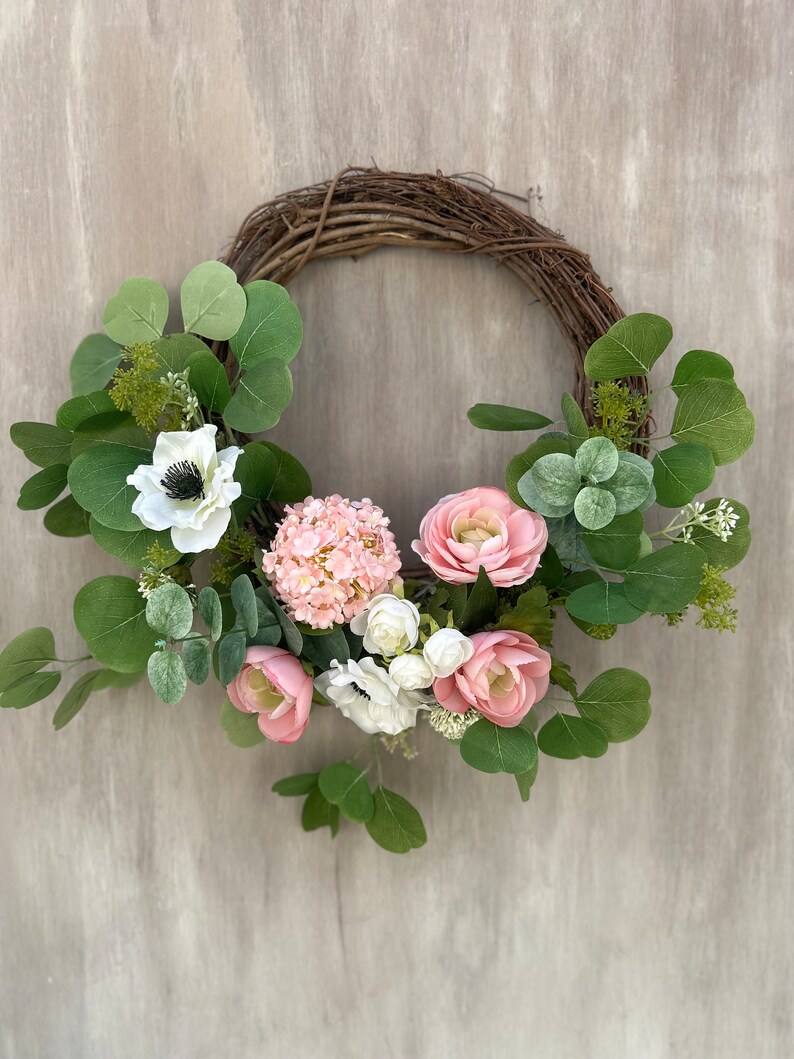Pink Hydrangea and White Anemone Wreath. Spring Wreath for Front Door ...