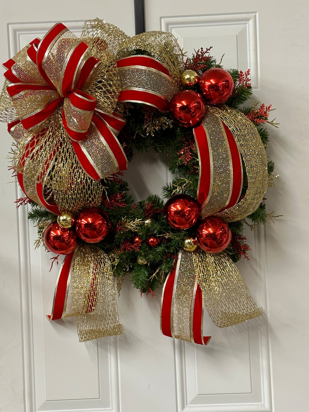 Red and Gold Christmas Wreath With Designer Ribbon, Christmas Decor ...