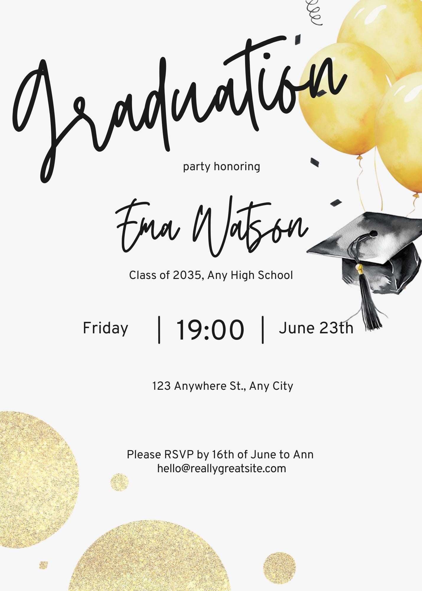 Editable Graduation Invitation Template: Gold Balloons (digital ...