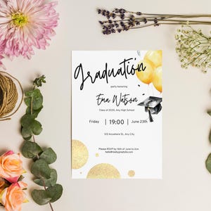 Editable Graduation Invitation Template: Gold Balloons (digital ...