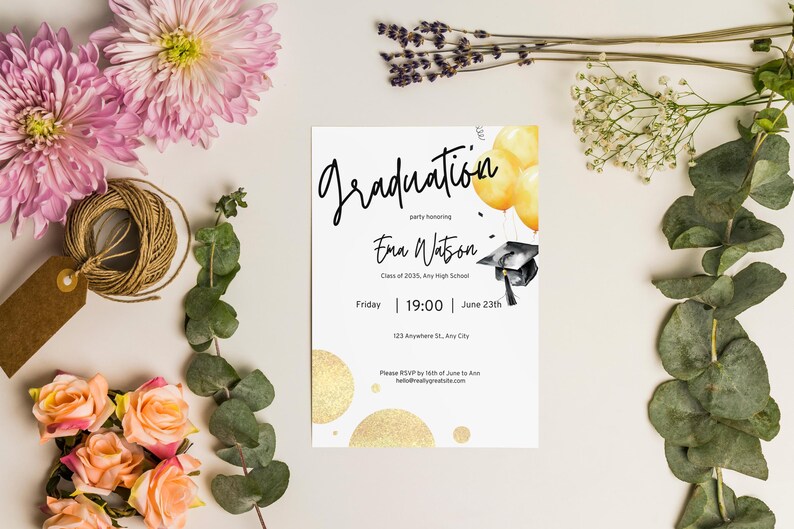 Editable Graduation Invitation Template: Gold Balloons (digital ...