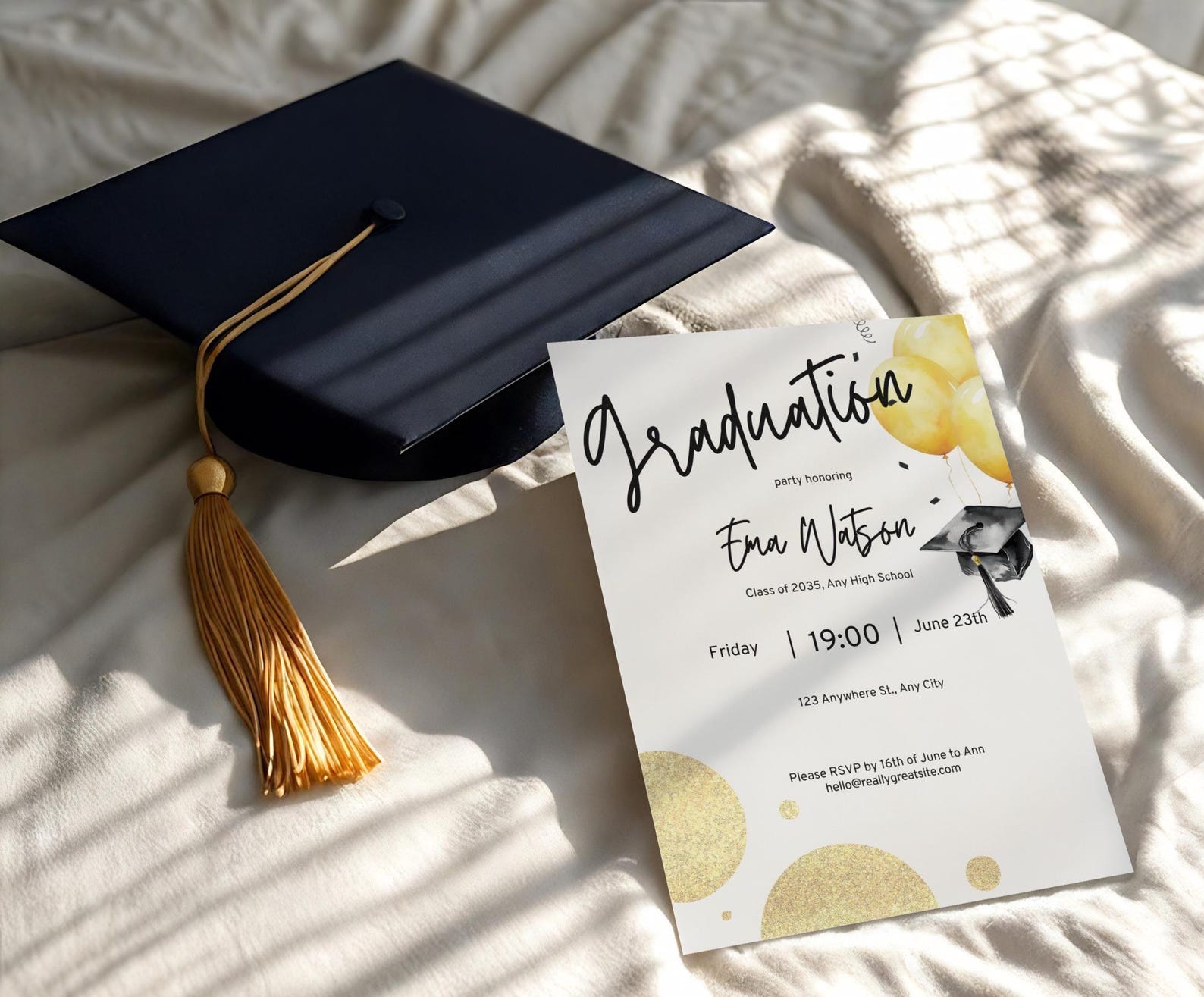 Editable Graduation Invitation Template: Gold Balloons (digital ...