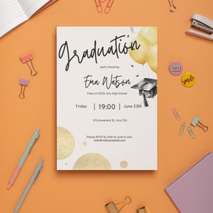 Editable Graduation Invitation Template: Gold Balloons (digital ...