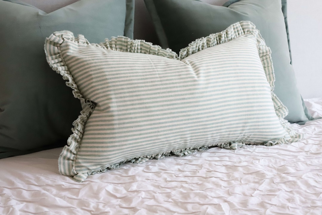 Darcy Sage Stripe Ruffle Cushion 50×30 | 100% Cotton - Etsy