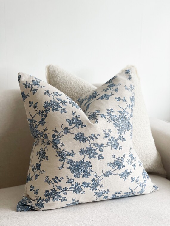 Blue Floral Print Cushion With Duck Feather Pad 45x45cm - Etsy UK