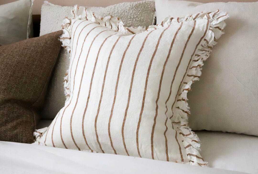 Hallie Brown & Cream Stripe Linen Cushion 45x45cm, Ruffle Cushion ...