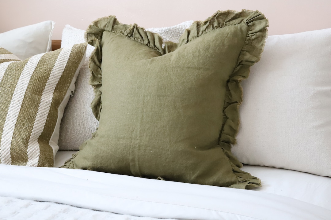 Hallie Olive Ruffle Linen Cushion 50x30 45x45 53x53 - Etsy