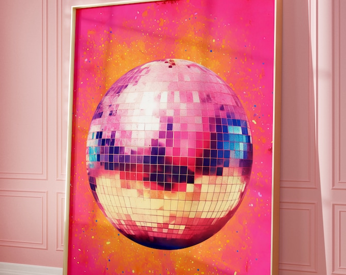 Disco Ball Preppy Dorm Decor, Pink Girly Prints, Groovy 70s Decor ...