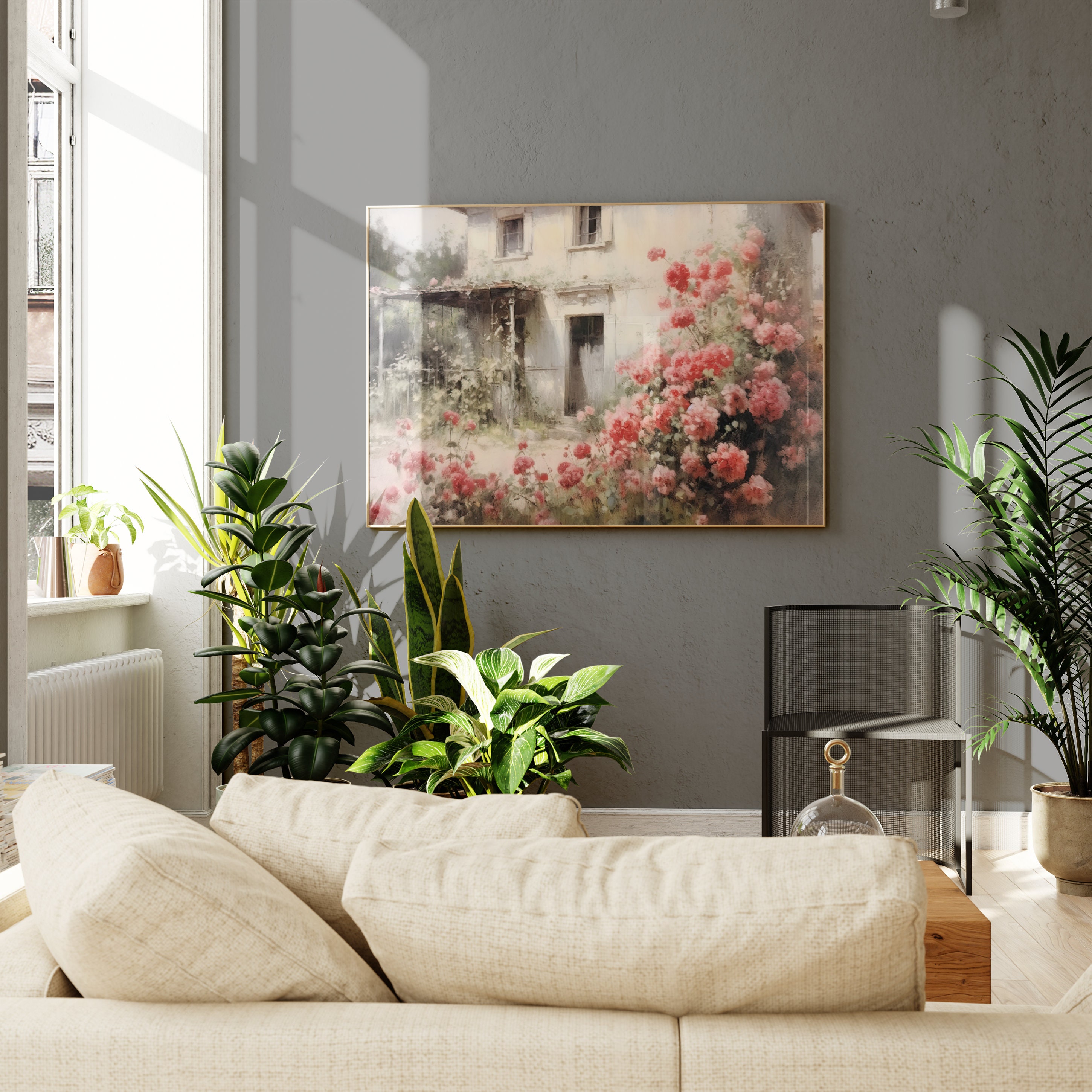 Country Cottage Art, Cottage Oil Painting, Rose Garden Wall Art, Spring ...