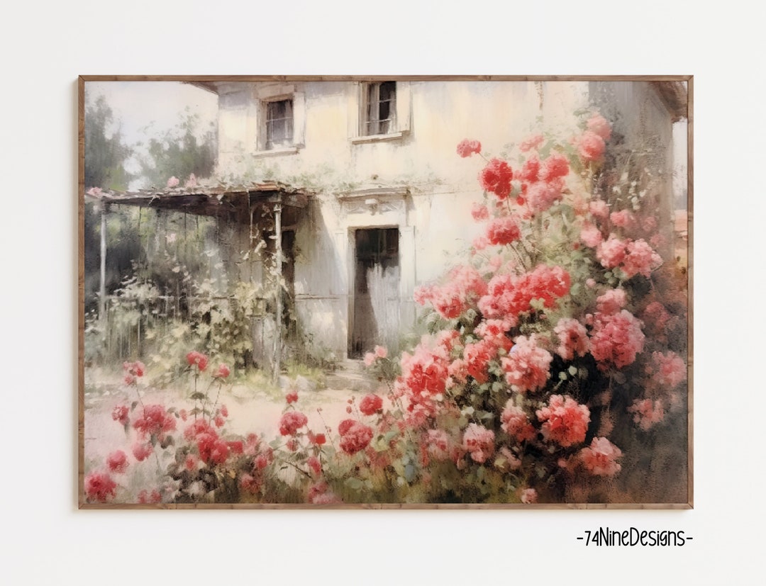 Country Cottage Art, Cottage Oil Painting, Rose Garden Wall Art, Spring ...