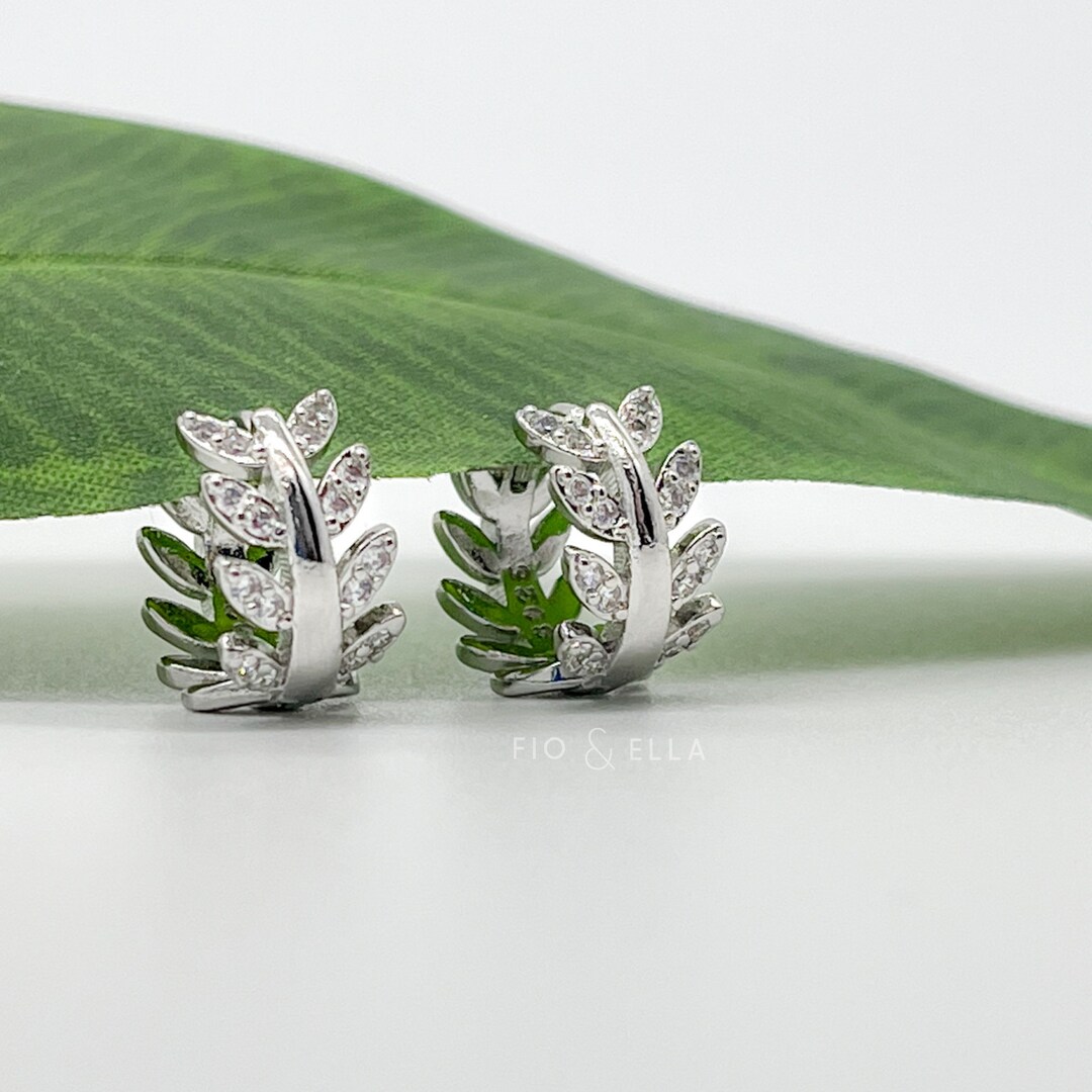 Leaf Huggies, Sterling Silver Hoops, Nature Jewelry, Feminine Earrings, Dainty, Bridal Jewelry ...