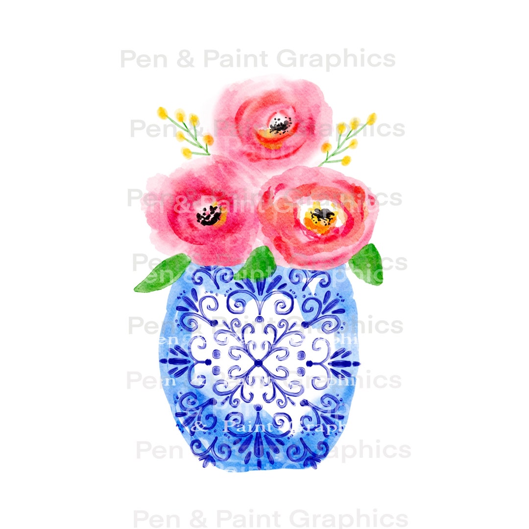 Watercolor Preppy Rose Vase Blue White Ginger Jar PNG Clipart Graphic ...