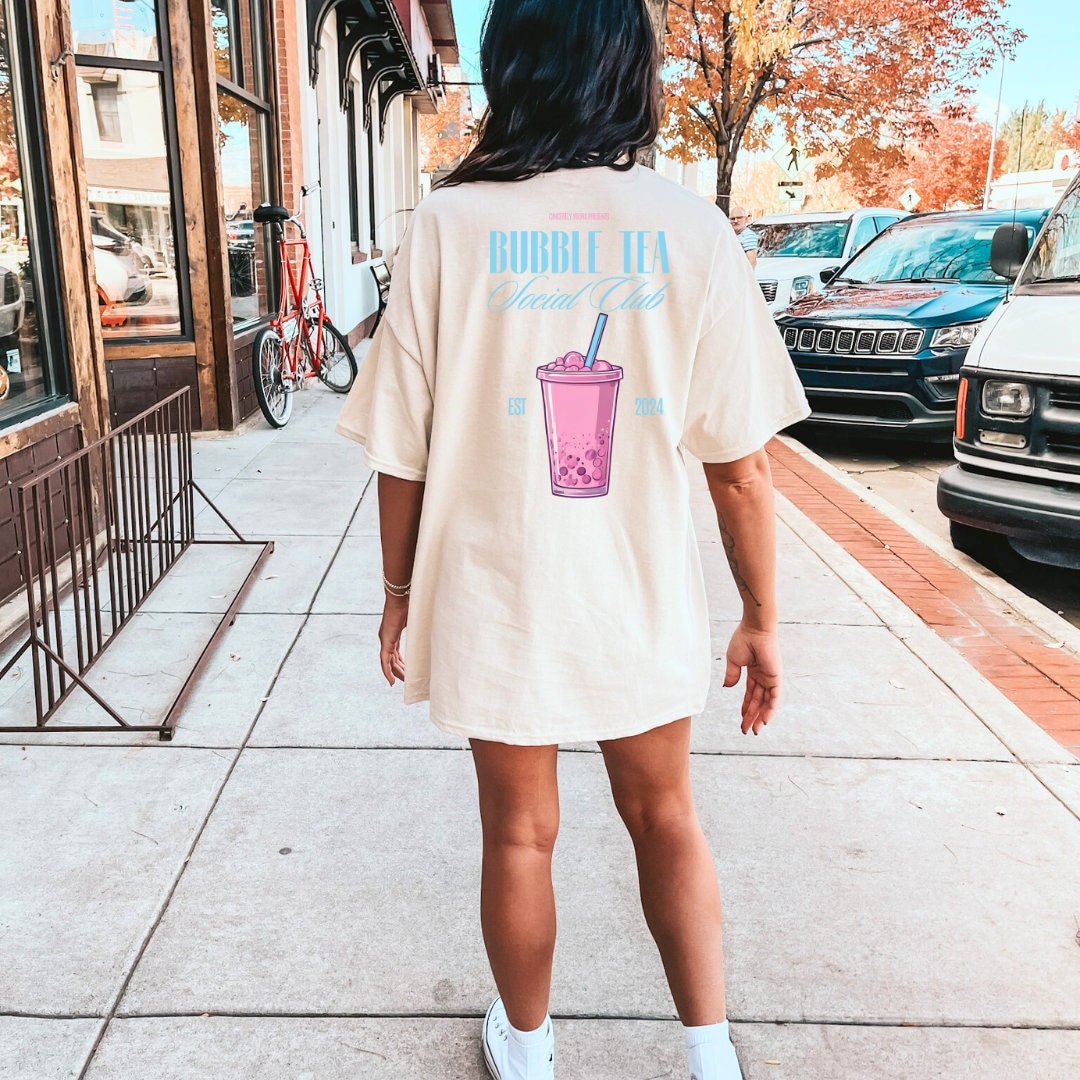 Bubble Tea Social Club All Day Long Oversized Shirt Pocket Retro Boba ...