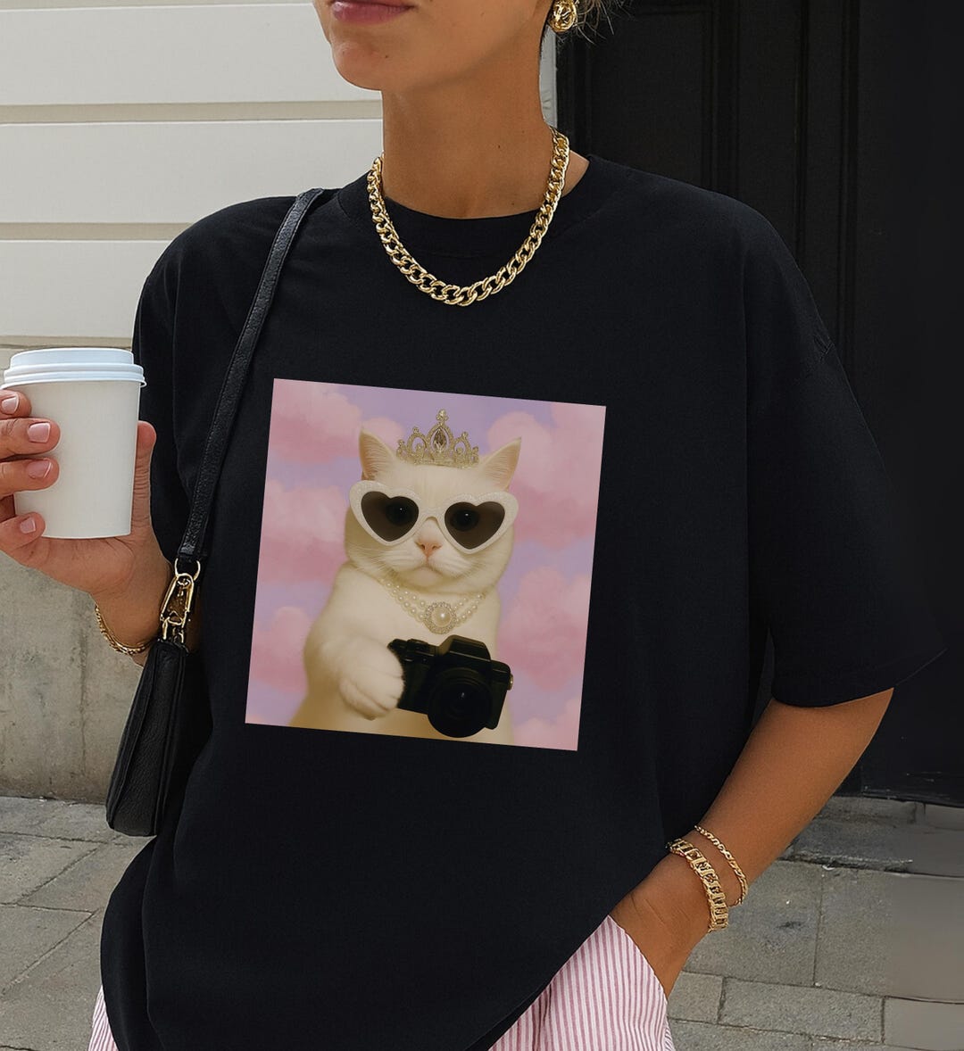 Retro Glam Cat Meme Shirt Funny Princess Kitty Tee for Cat Ladies ...