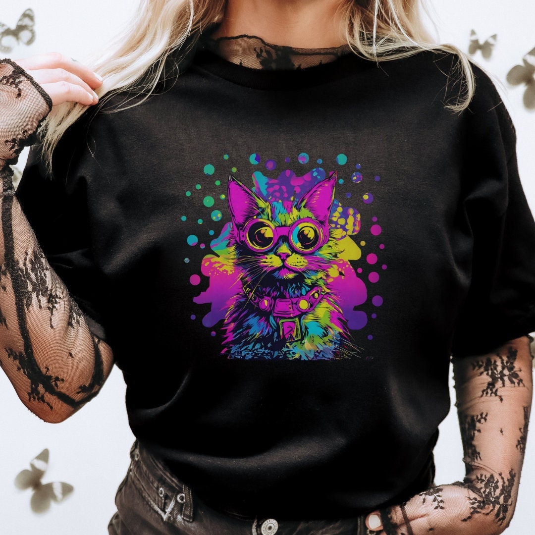 Psychodelic Weirdcore Cat Shirt Oversized Retro Aesthetic Trippy Alt ...