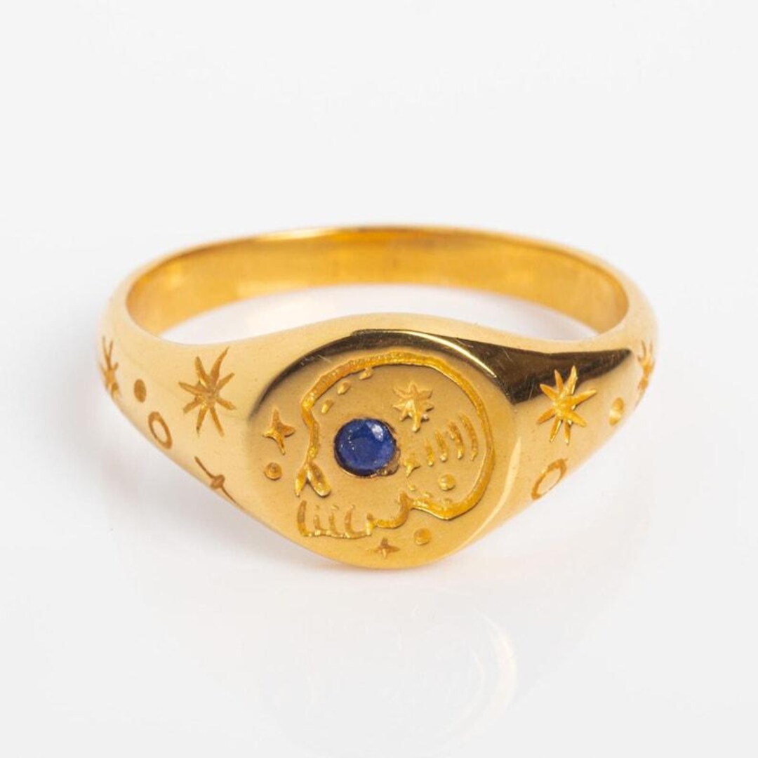 18k Solid Yellow Gold Seer Signet Sapphire Ring Circle Signet Ring ...