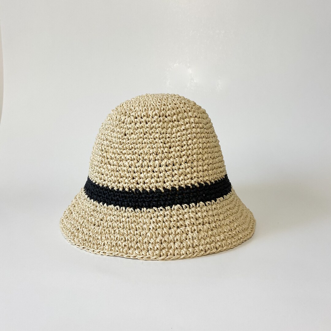 Black Stripes Wicker Raffia Bucket Hat, Summer Cap Gift for Women and ...