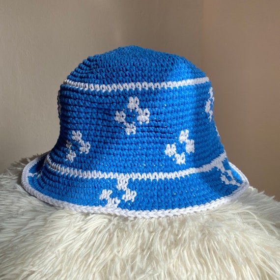 Blue and White Flower Crochet Trendy Bucket Hat Hand Knit - Etsy