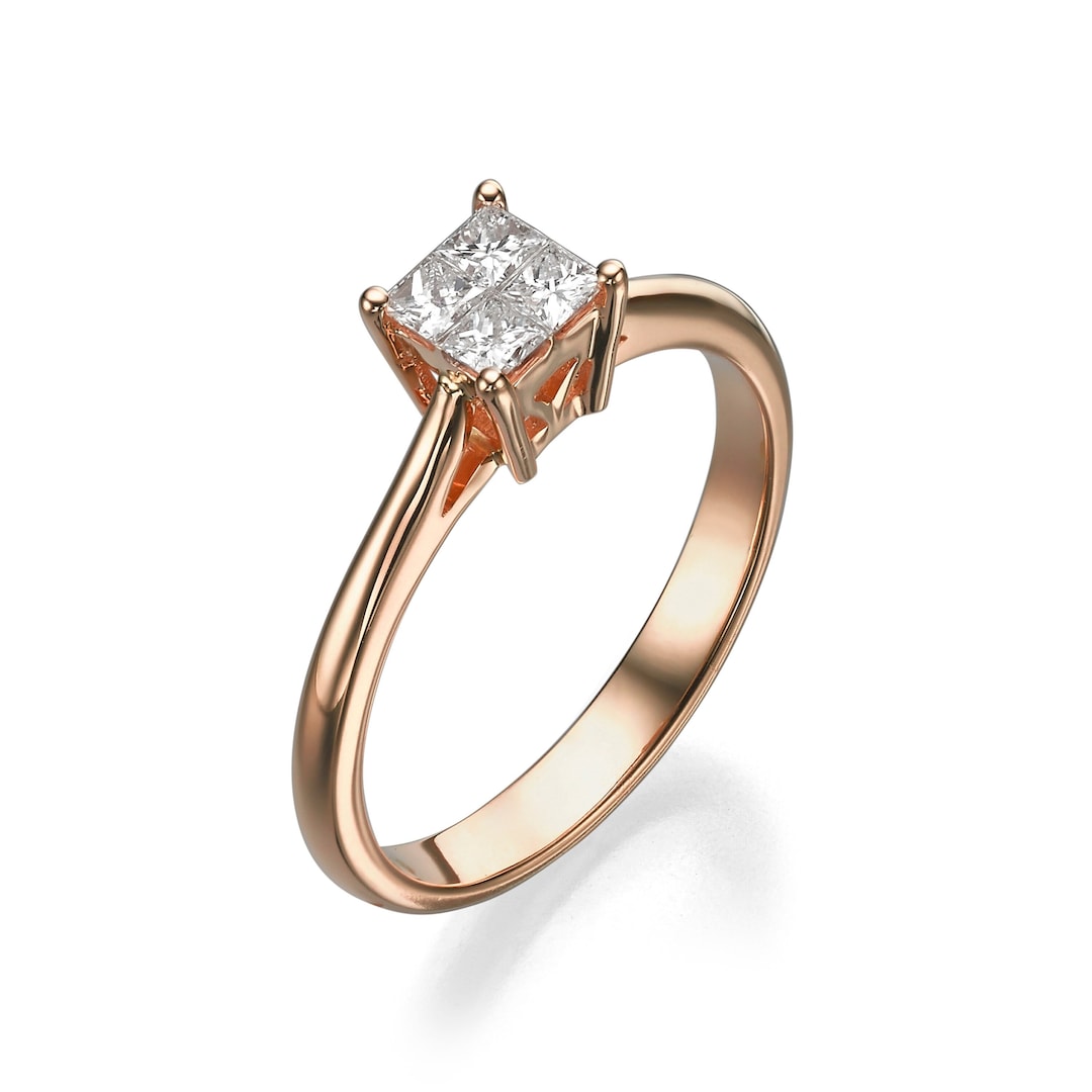 Princess Cut Invisible Setting Diamond Ring 14k Rose Gold Promise ...