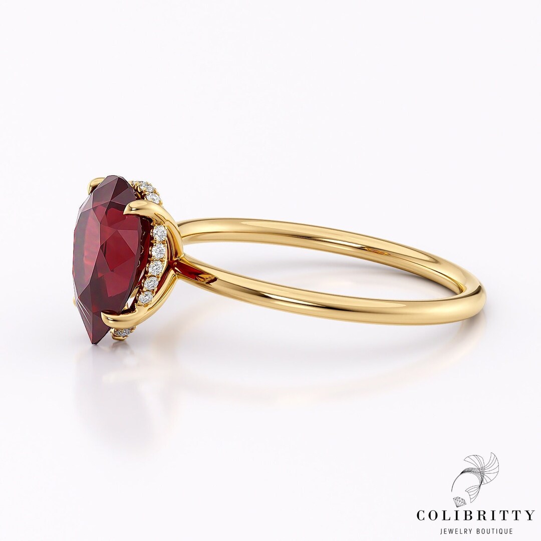 14k Pear Shaped Ruby and Diamond Ring Halo Ring 1.7 Ct Lab Grown Ruby ...