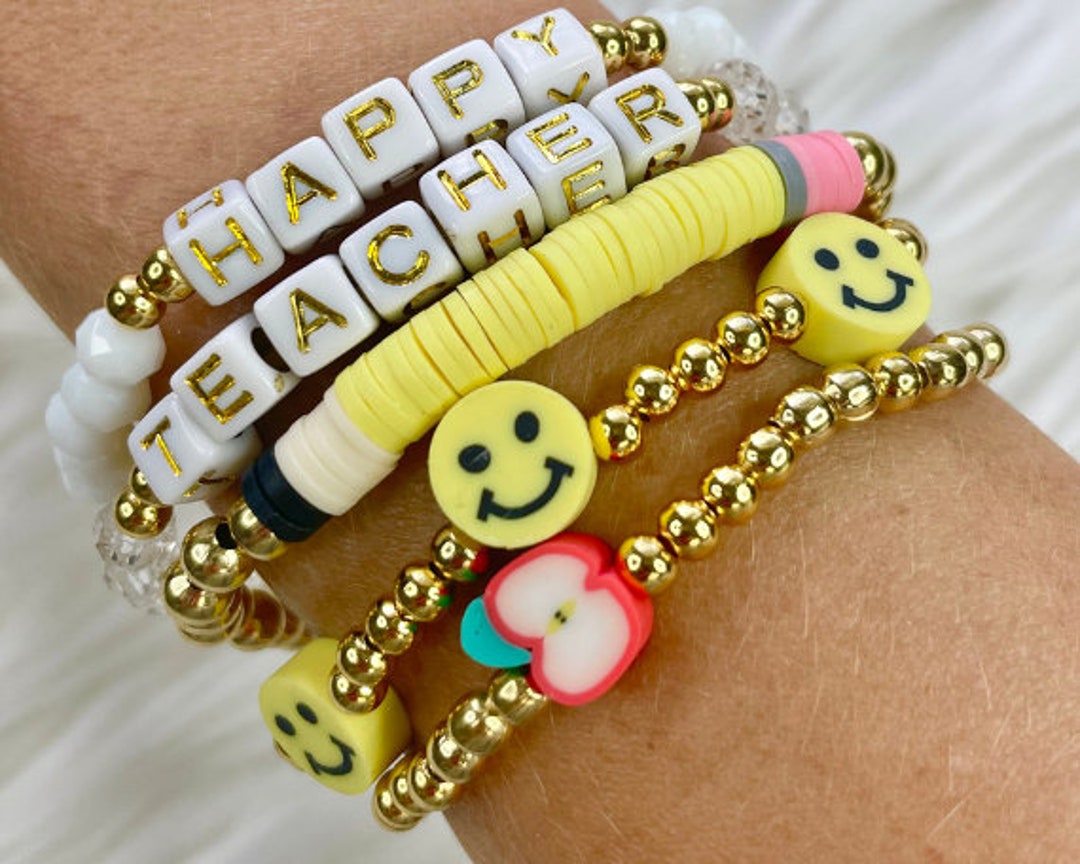Happy Teacher Stack,heishi Bead Bracelet,gold Bead Bracelet,teacher Bracelet,teacher Gift ...