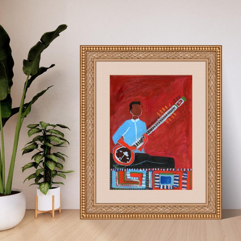 Sitar Player Painting, Indian Folk Art, Abstract Portrait (9x12 Inches ...