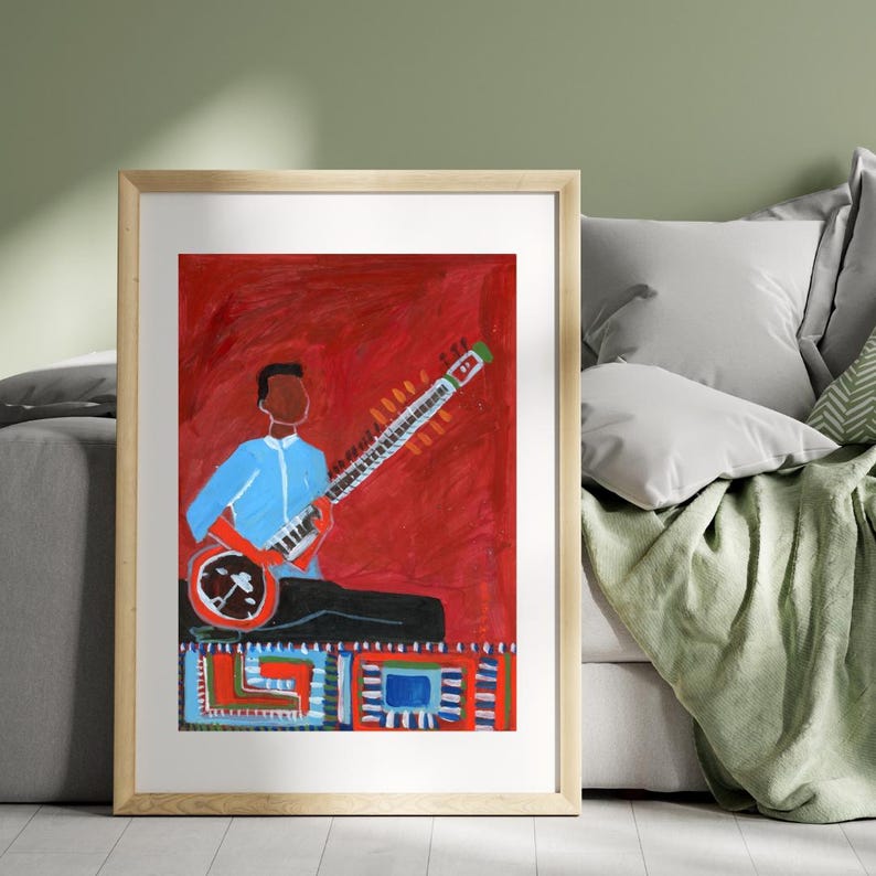 Sitar Player Painting, Indian Folk Art, Abstract Portrait (9x12 Inches ...