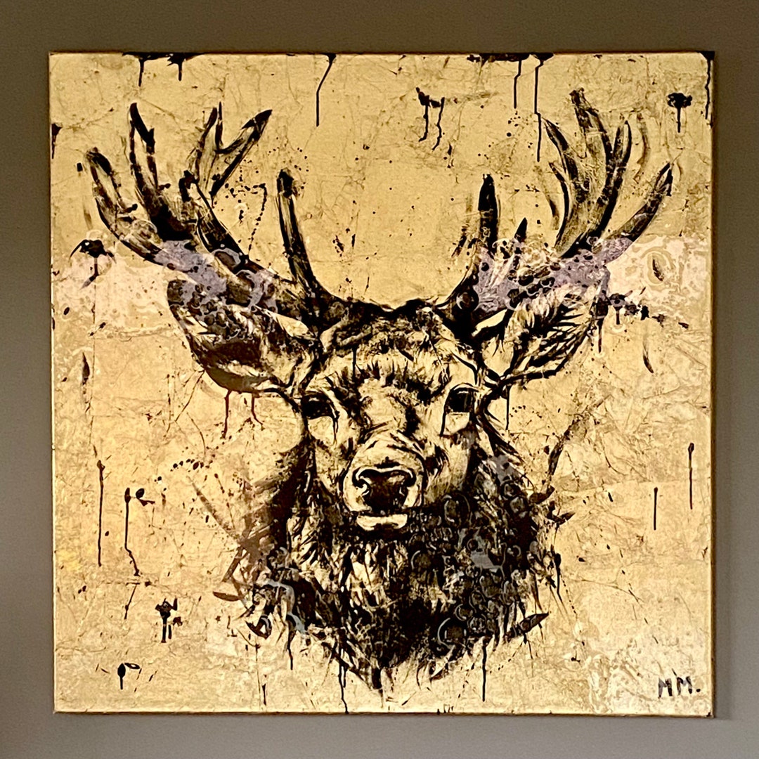 Large Original Handpainted Stag Deer Portrait on Canvas Gold Leaf Resin ...