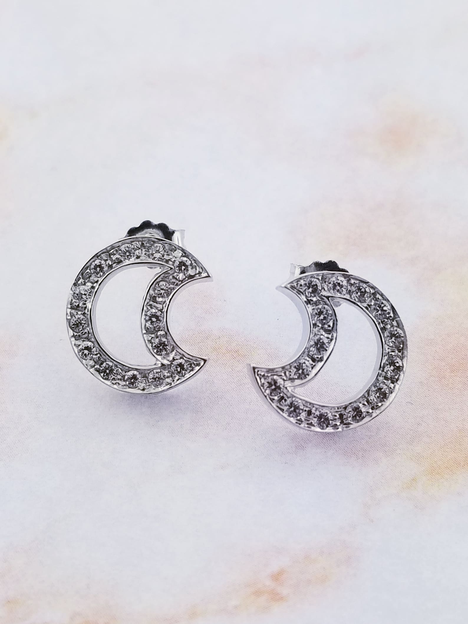 18k White Gold Half Moon Stud Earrings With Cubic Zirconia - Etsy