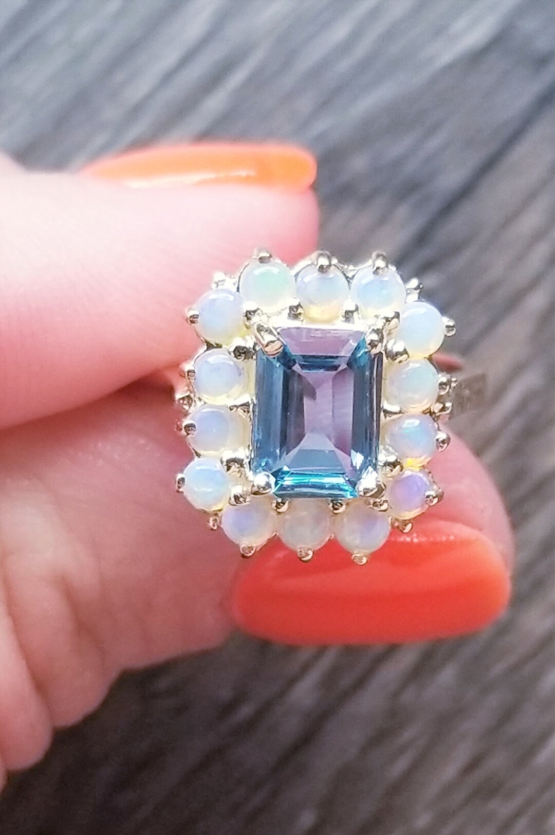 14k Yellow Gold Blue Topaz and Opal Ring - Etsy