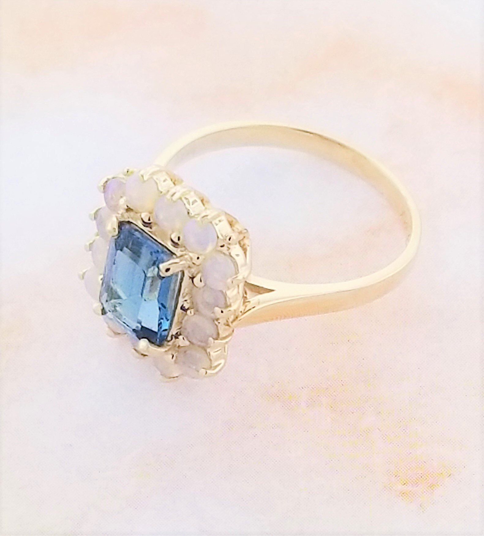 14k Yellow Gold Blue Topaz and Opal Ring - Etsy