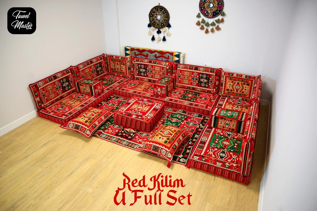 Red Kilim Sofa Seating, U FULL SOFA SET, Arabic Majlis Set, Ottoman ...