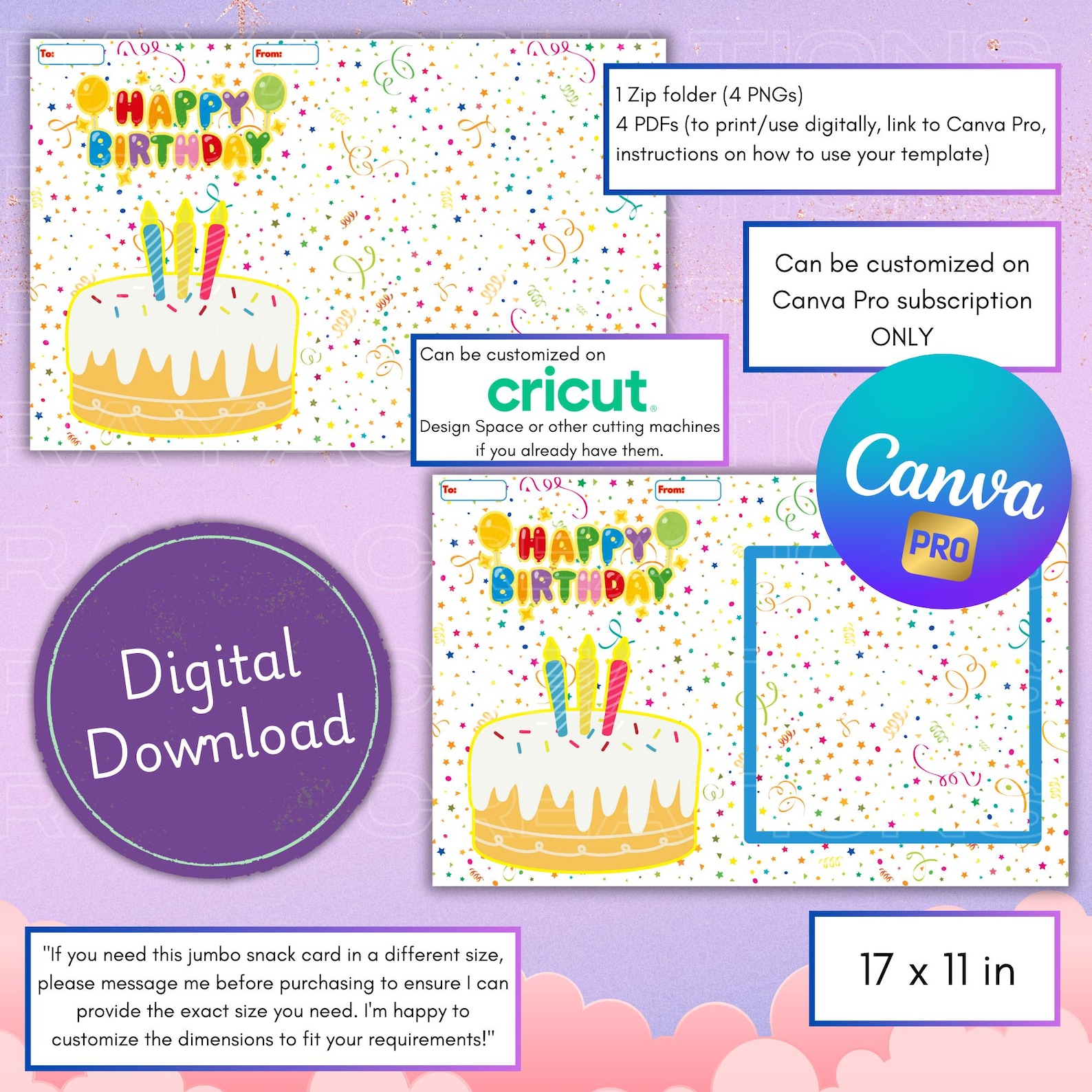 Jumbo Birthday Snack Card Template - Confetti and Cake Design - 11x17in ...