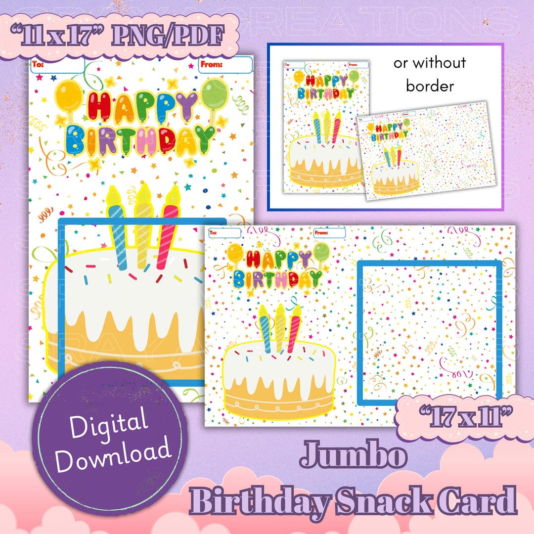 Jumbo Birthday Snack Card Template - Confetti and Cake Design - 11x14in ...