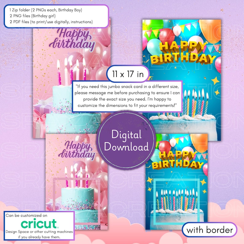 Jumbo Birthday Girl and Boy Snack Card Bundle | Pink and Blue Designs ...