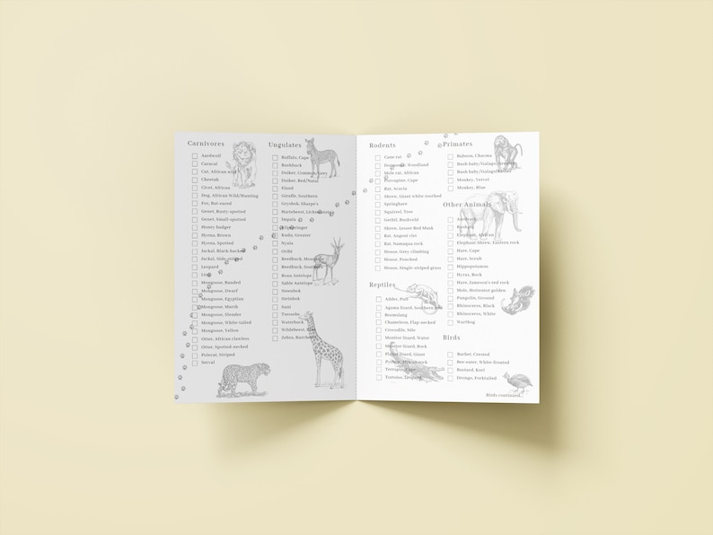 Printable Kruger Wildlife Safari Checklist - Animals, Birds & Reptiles ...