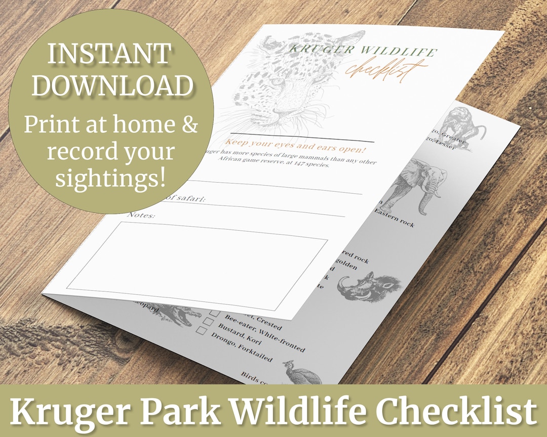 Printable Kruger Wildlife Safari Checklist - Animals, Birds & Reptiles ...