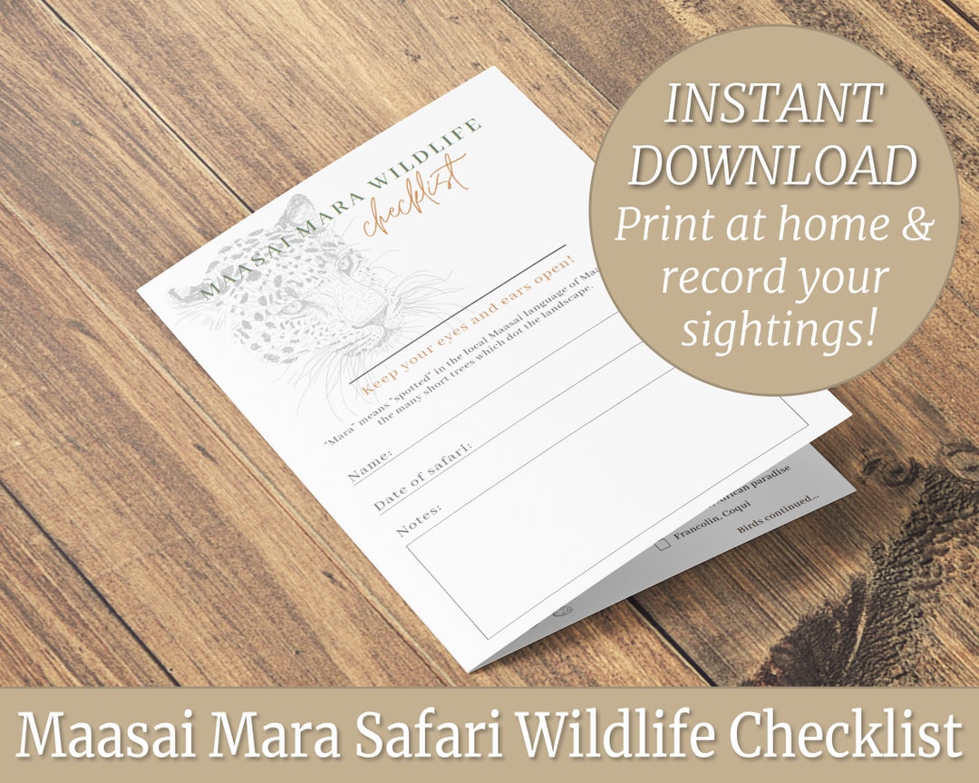 Printable Masai Mara Wildlife Safari Checklist - Animals, Birds ...