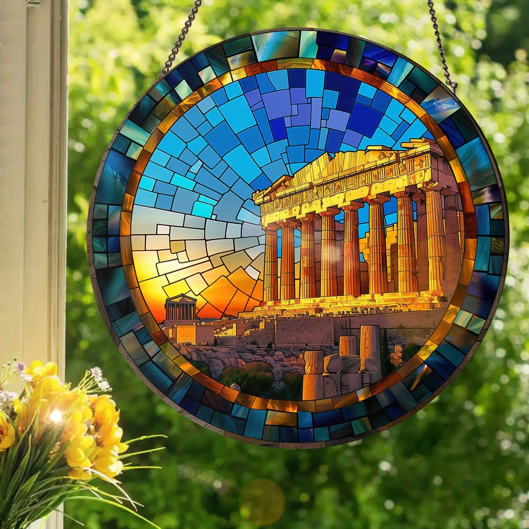 The Acropolis at Sunrise: Stained Glass Style Window Hanging Made With ...